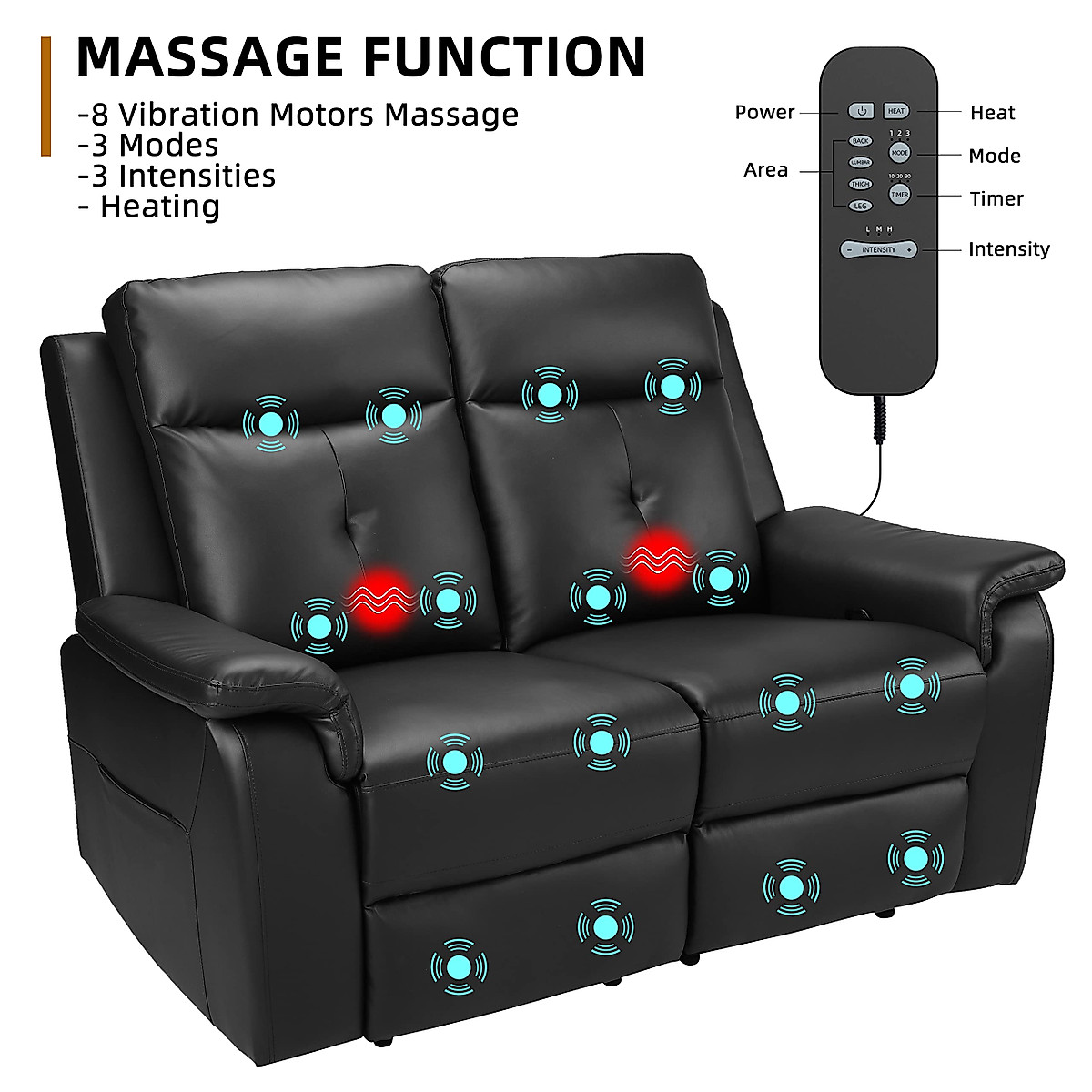 VUYUYU 2 Seater Recliner Sofa - Double Reclining Loveseat with Massage & Heating - PU Leather Home Theater Seating Manual Recliner Motion Living Room Chair (Black)