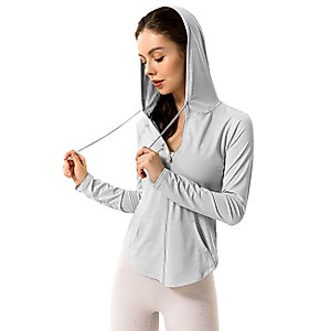 Hanyomo Women's Long Sleeve UPF 50+ Sun Protection Jacket Hooded Fitness Shirt with Pockets Yoga Full Zip Athletic Grey M
