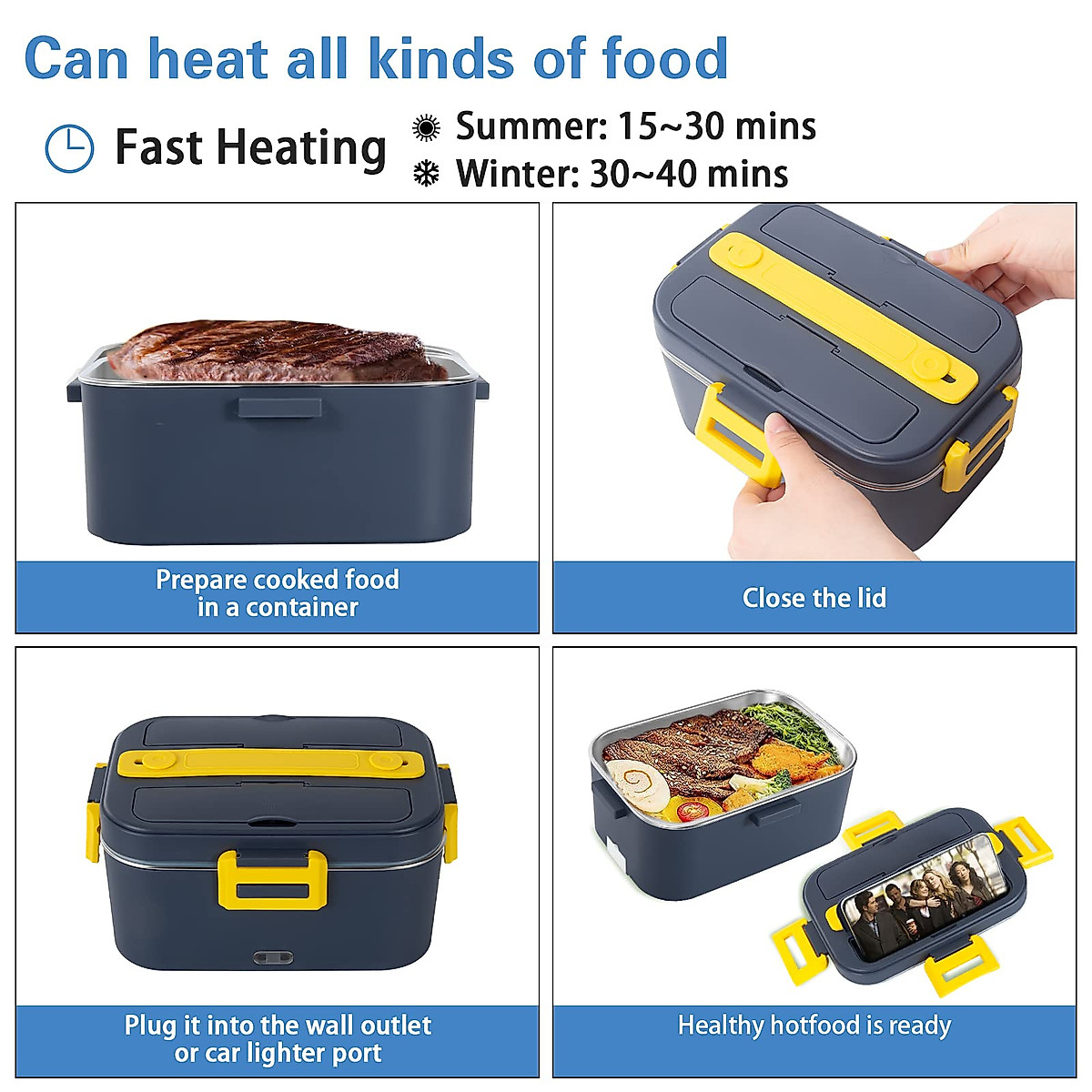 HELIJIA Electric Lunch Box Food Heater, 110V/12V/24V 3 in 1 Portable, Leak-Proof, Lunch Heater Microwave, for Car Truck Home, with Detachable 1.8L 304 Stainless Steel Container (Blue)
