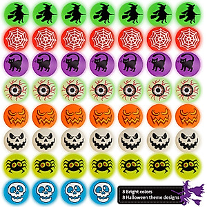 72 Glow in The Dark Bouncing Balls,8 Halloween Theme Designs for Halloween Party Favor Supplies, School Classroom Game Rewards, Trick or Treating Goodie, Halloween Miniatures/Prizes(with pouch bag)