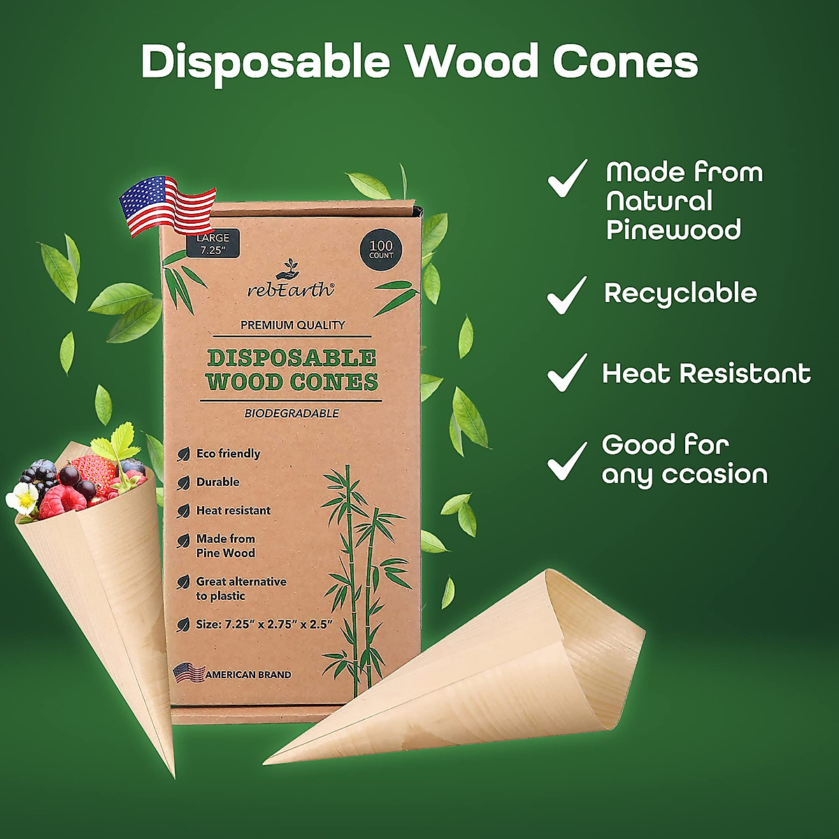 rebEarth Disposable Wood Cones - Heat Resistant Cones for Charcuterie Food, Appetizers & Snacks - Pinewood Cone Cups for Party Food Display, Alternative to Plastic - Small Wooden Cones 7.25" 100 Count