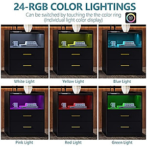 dnbss Black Nightstand with Charging Station, Night Stands with 24-Color RGB LED Lights, Smart Nightstand Black Bedside Table with Drawers, Modern Side Tables Bedroom