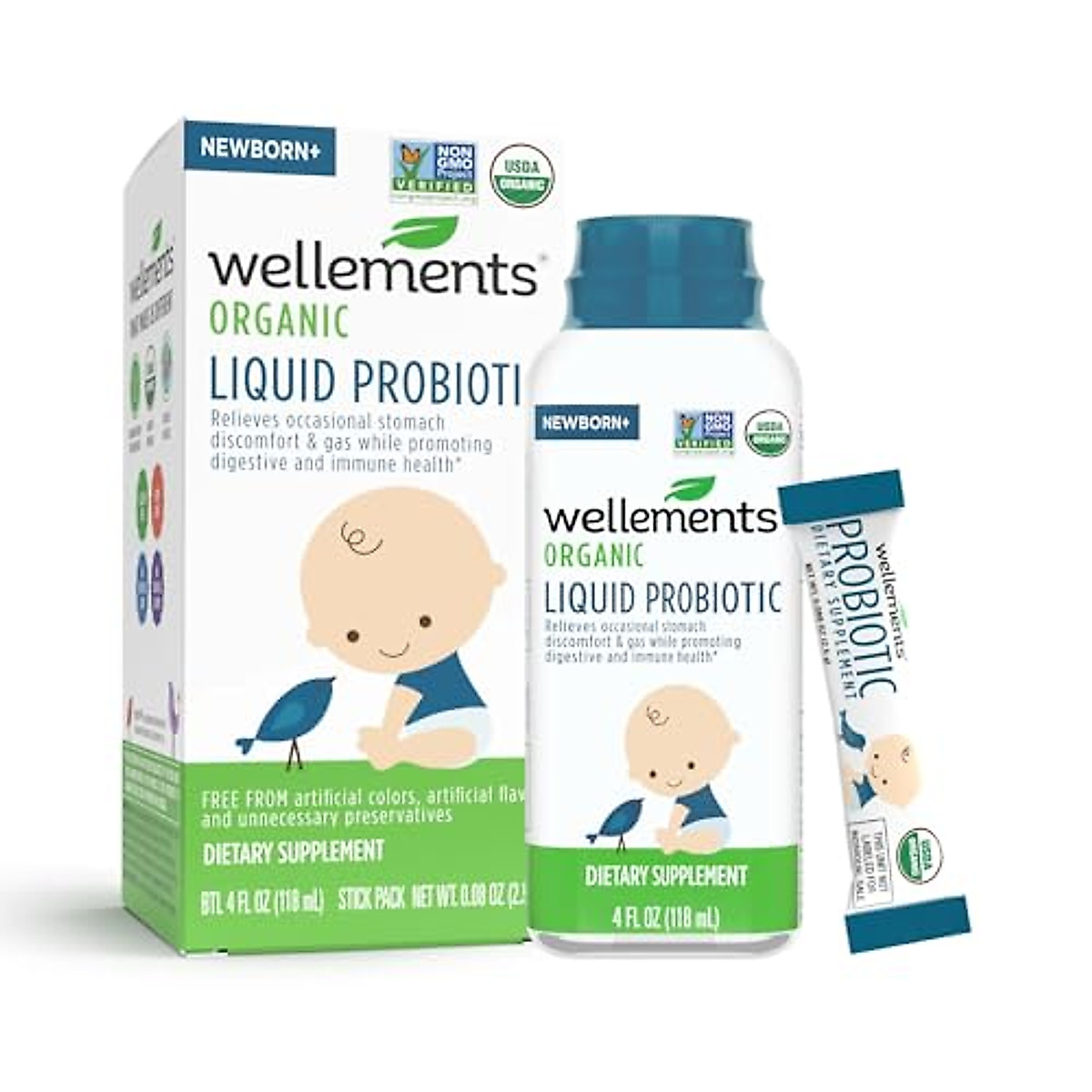 Wellements Certified USDA Organic Liquid Probiotic 4 Fl Oz, Gripe Water & Probiotics for Infant Digestion & Immune Health, Relief for Gas, Colic & Hiccups, Free from Dyes, Parabens, Preservatives