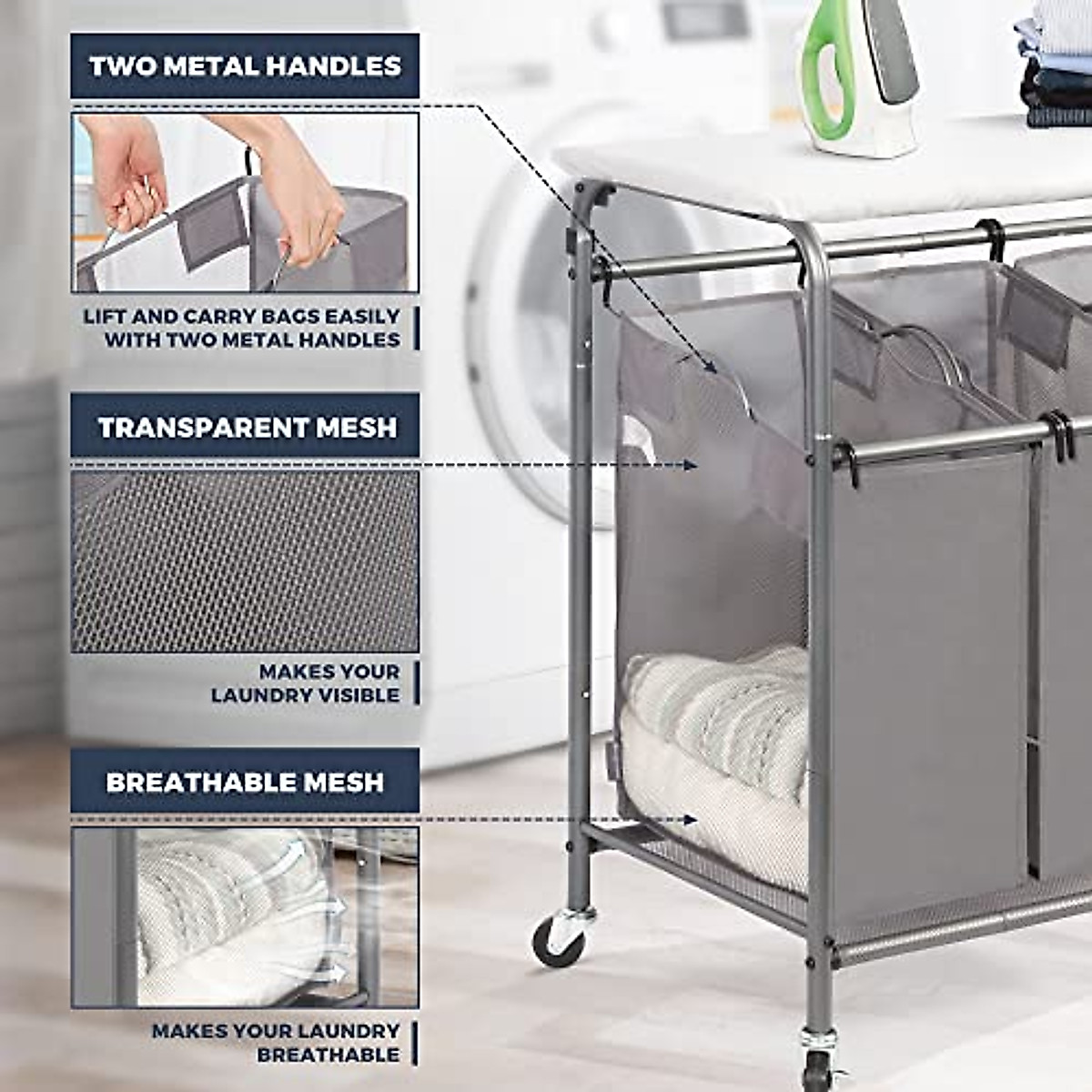 STO STO Laundry Sorter 3 Section with Ironing Board, 3 Bag Laundry Hamper with Folding Table, Laundry Basket with Heavy Duty Lockable Wheels and Removable Bag for Clothes Storage, Gray
