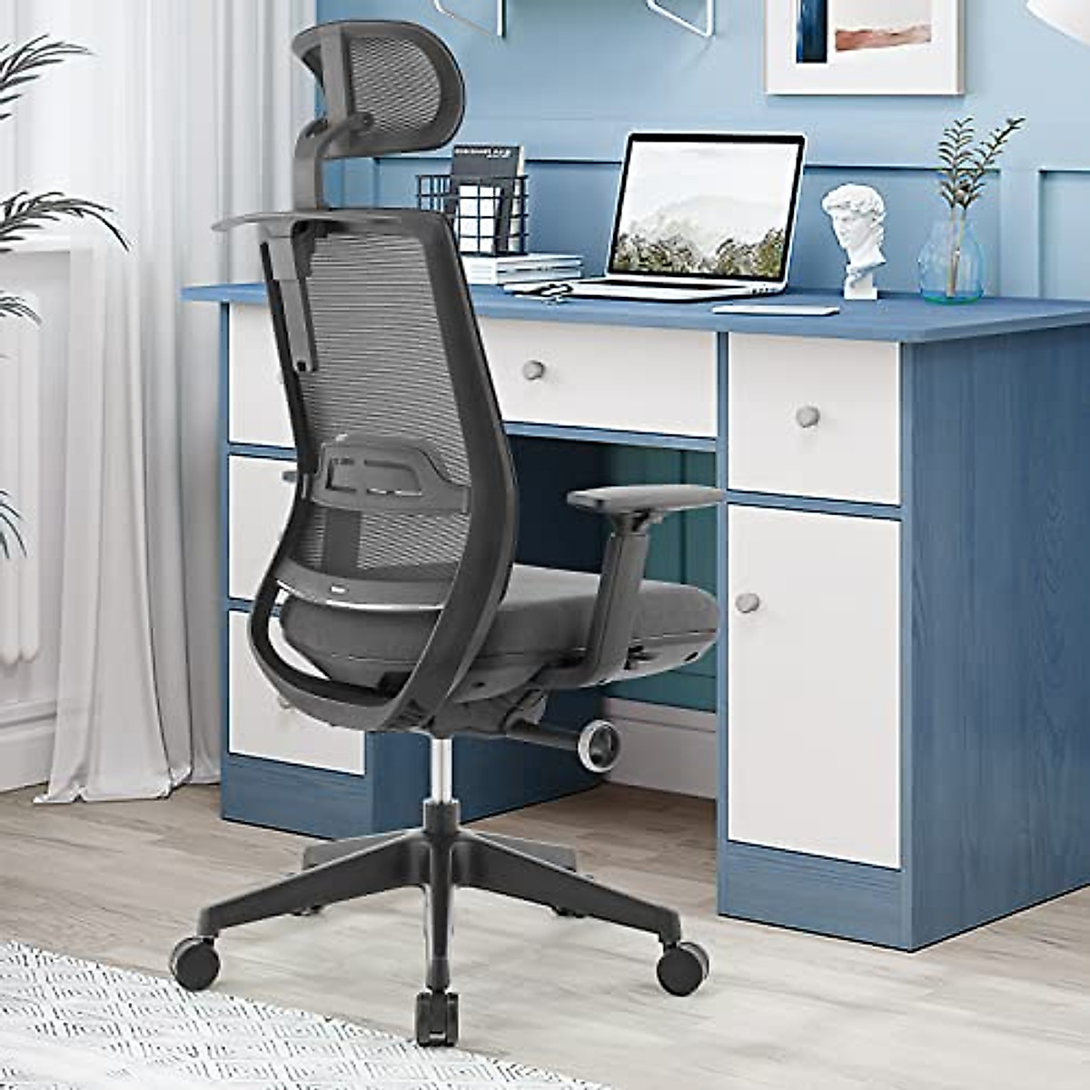 Home Office Desk Chair Ergonomic High Back Office Chair Mesh Office Chair Reclining Computer Chair Swivel Rolling Task Chair with Wheets, Coat Hanger and Adjustable Headrest Armrest, Grey