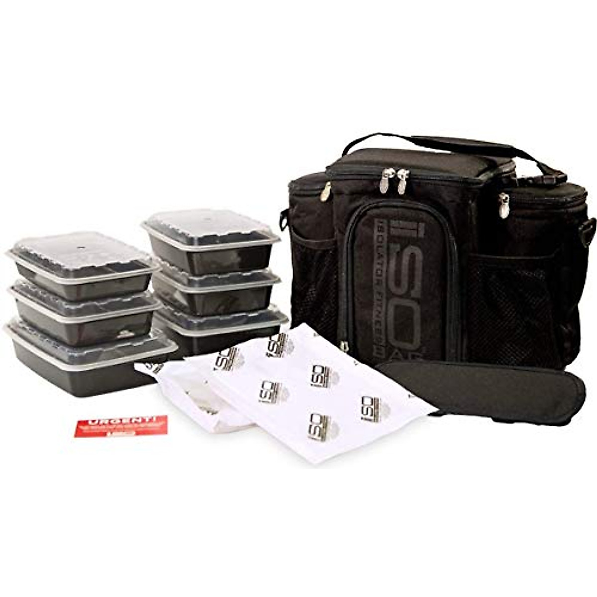 Meal Prep Bag ISOBAG 3 Meal Insulated Lunch Bag Cooler with 6 Stackable Meal Prep Containers, 2 Ice Pack ISOBRICKS, and Shoulder Strap - MADE IN USA (Blackout)