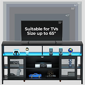 GreenForest TV Stand for 65 Inch TV, LED Lights Entertainment Center with Grid Cabinets for Living Room, 58 inch Television Stands TV Cabinet with 21 Dynamic RGB Modes, Black