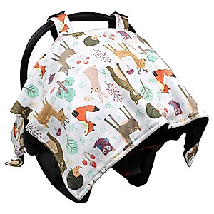 Baby Car Seat Canopy Cover - Forest Animals Bear Deer Fox Owl Rabbit with Dark Brown Minky Dot