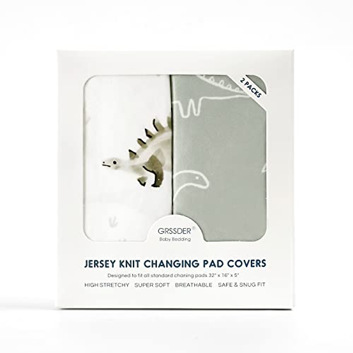 GRSSDER Stretch Ultra Soft Jersey Knit Changing Pad Cover Set 2 Pack, Change Table Pad Covers Fit 32"/34" x 16" Pads Safe and Snug, Pretty Pattern for Baby, Dinosaur