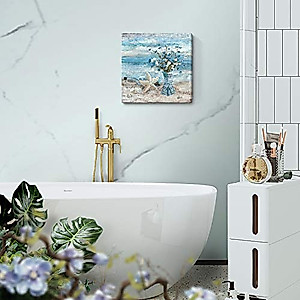 Bathroom Decor Wall Art Blue Beach Picture Ocean Theme Flower Canvas Print Modern Coastal Seascape Painting Framed Seaside Artwork Floral Daisy in Indian Vase for Home Sea Lake Bedroom 14x14inch
