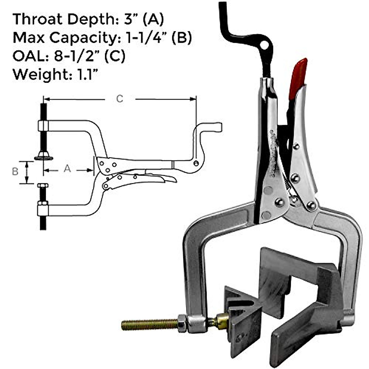Strong Hand Tools JointMaster, 90 Degree, Angle Clamping Tool, Throat Depth: 3", Max Capacity: 1-1/4", OAL: 8-1/2", Single Hand T-Joint Clamp Tool, PL634