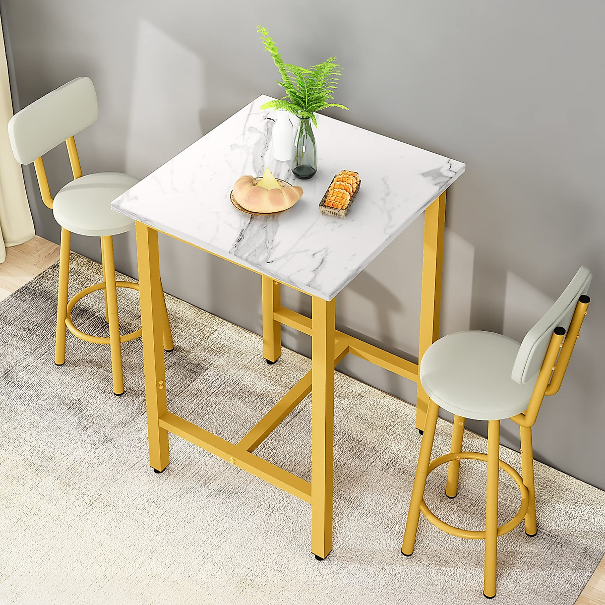 Lamerge 3 Pieces Bistro Dining Set for 2 Kitchen Square Breakfast Table Set Bar Table Space Saving Faux Marble Top and Upholstered Chairs Set for Apartment Dining Room with Gold Metal Frame