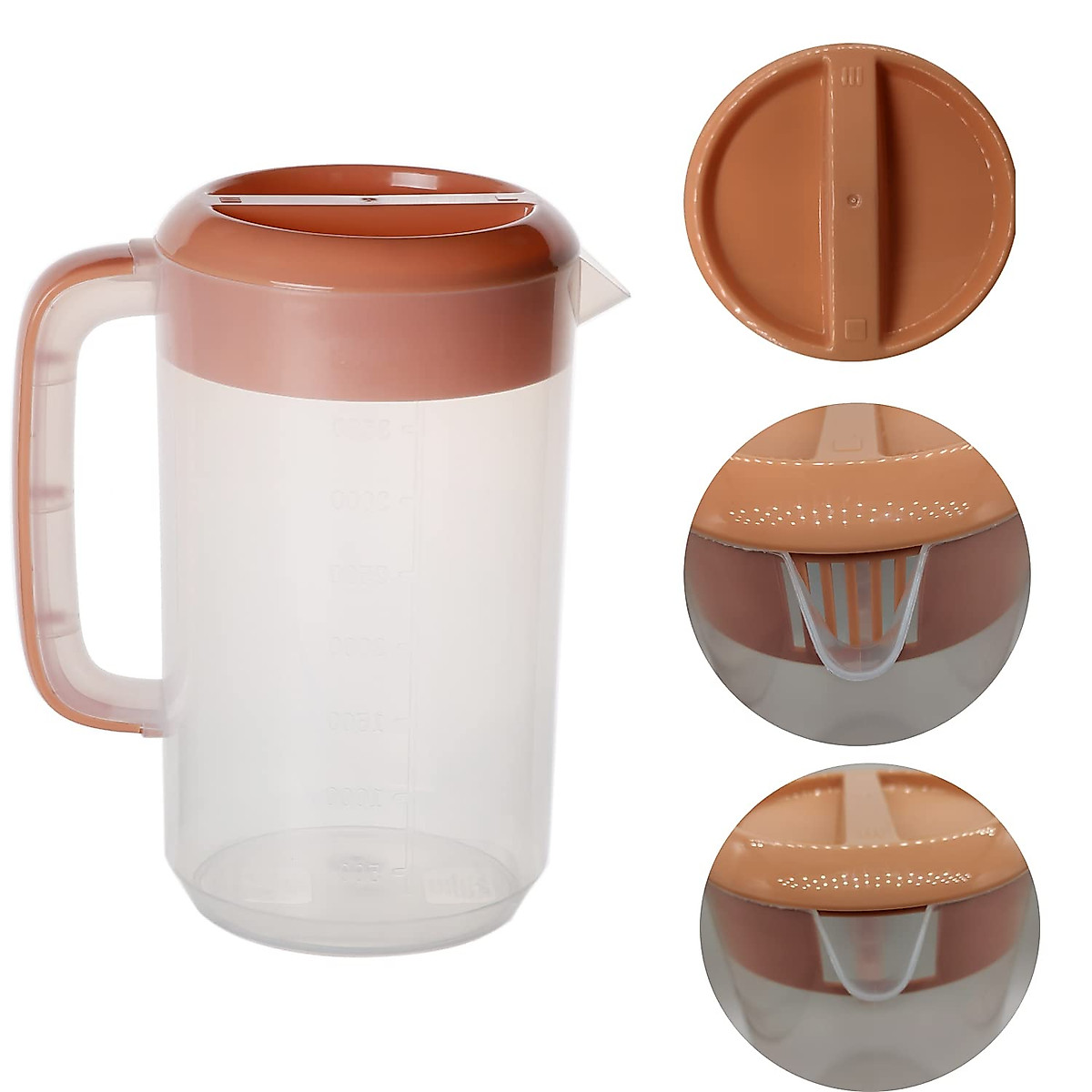 1 Gallon/ 4L Plastic Plastic Straining Pitcher with Lid, Large Clear Water Carafe Jug Juice Mixing Pitcher with Strainers Cover, Handles, Measurements for Ice Tea Hot Cold Coffee Mix Drinks. (Pink)