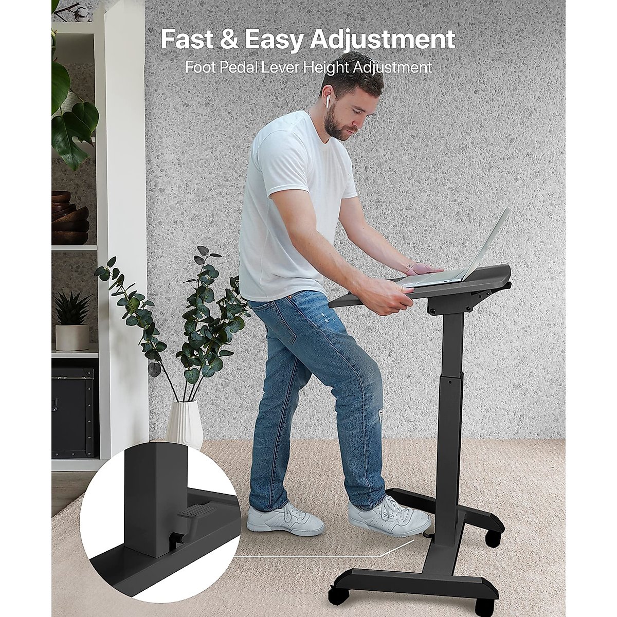 OCOMMO Mobile Podium - Pneumatic Standing Desk with 30 Degree Tilting Top, Adjustable Podium Stand, Lectern Portable with Wheels, Perfect for Lectures, Meetings, and Computer Use, Black