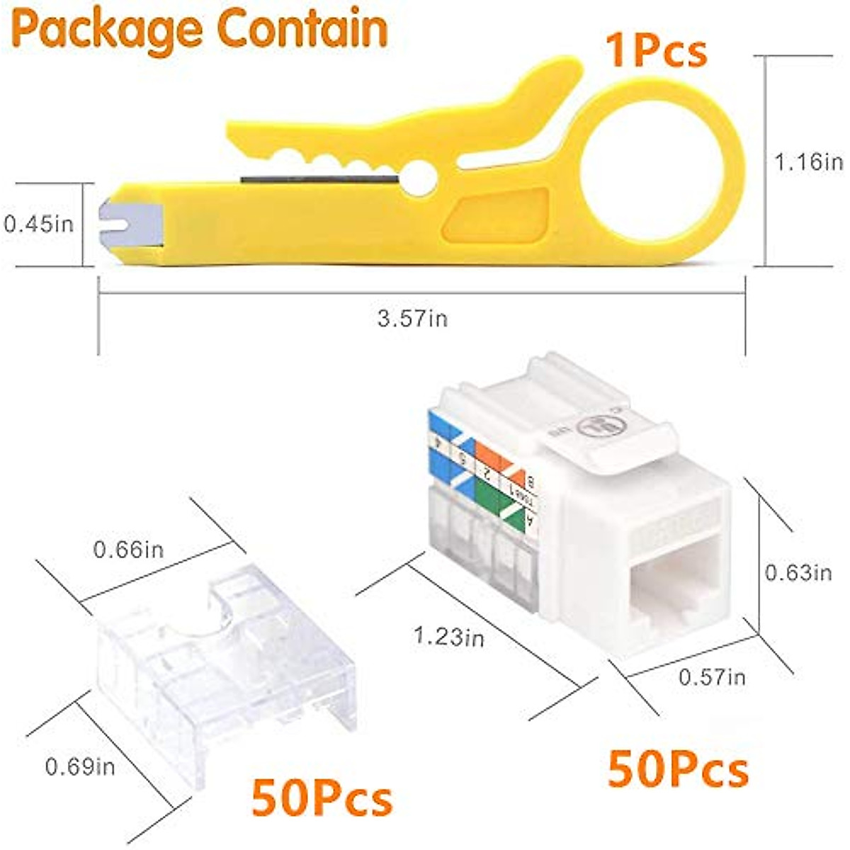 VCE Cat6 RJ45 Keystone Jacks UL Listed 50-Pack, Punch Down Ethernet Wall Jack 90-Degree Adapter in White with 1-Pack Wire Stripper Cutter