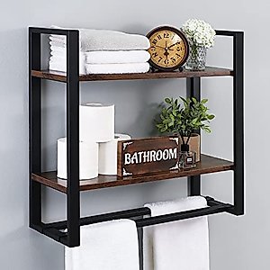 KES Bathroom Shelf with Bar Wall Mounted, 2-Tier Industrial Wooded Rustic Wall Shelf Over Toilet Rack with Double Adjustable Bar Floating Shelves 23.6-inch Metal Black, BTR500S60-BK