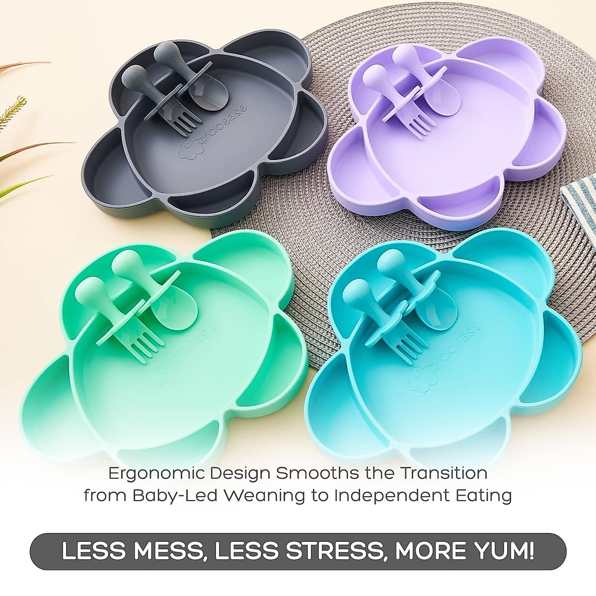 grabease Silicone Suction Plate for Baby & Toddler Self-Feeding, 6-Section Dish With Stay-Put Grip, BPA and Phthalates-Free, Dishwasher and Microwave Safe, Gray