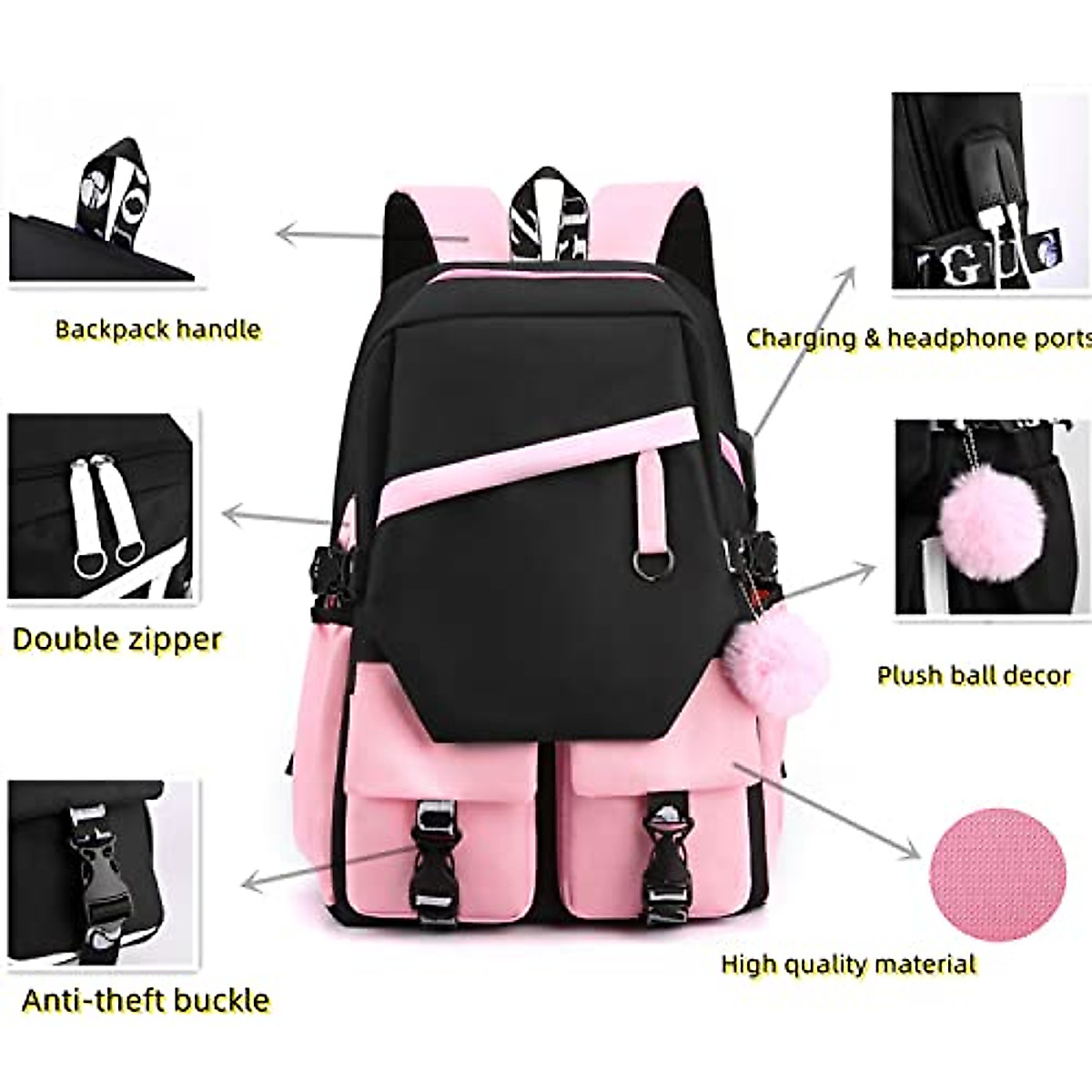 SPIRTUDE Anime backpack Nezuko Backpack Laptop Backpacks with USB Charging Port Travel Bag Daypack Cosplay Backpack (Pink)