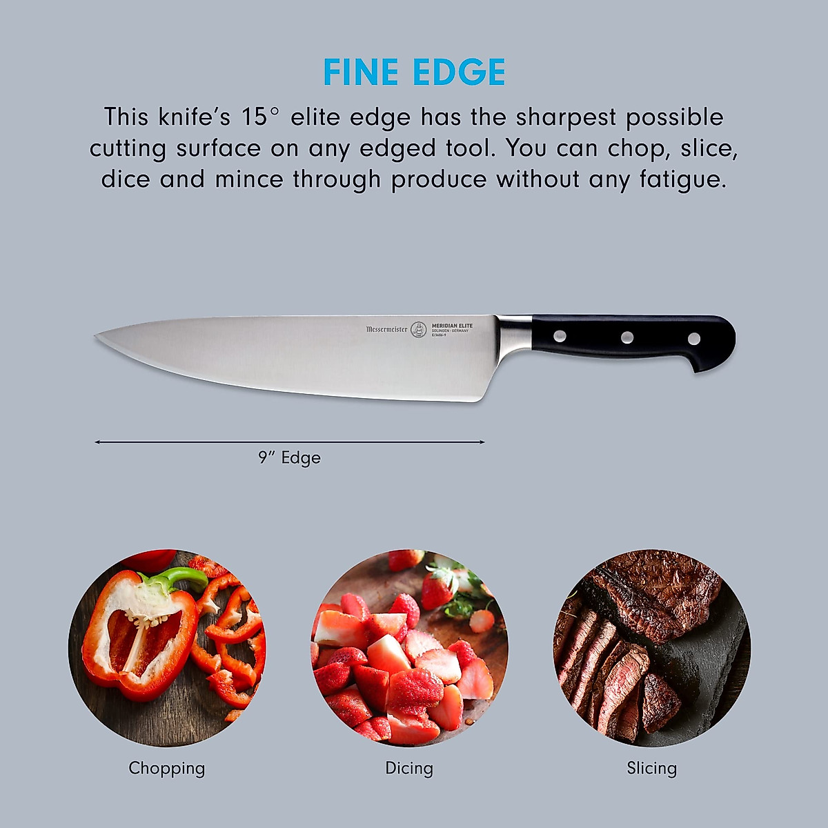 Messermeister Meridian Elite 9” Traditional Chef’s Knife - Fine German Steel Alloy Blade - Rust Resistant & Easy to Maintain