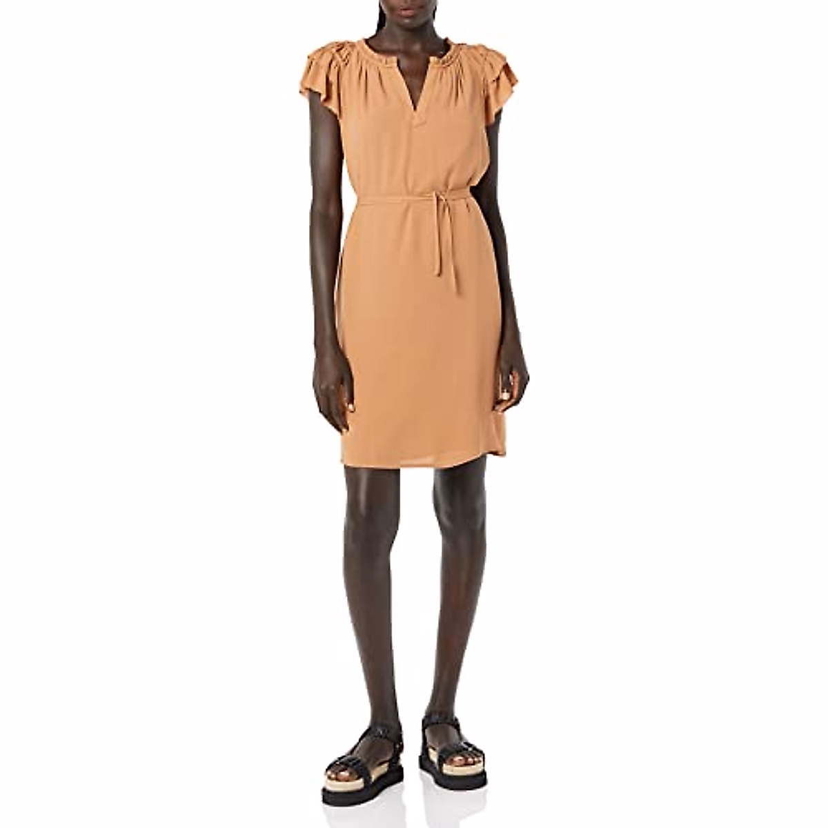 Amazon Essentials Women's Relaxed Fit Lightweight Georgette Split Neck Flutter Sleeve Shift Dress, Light Brown, Large