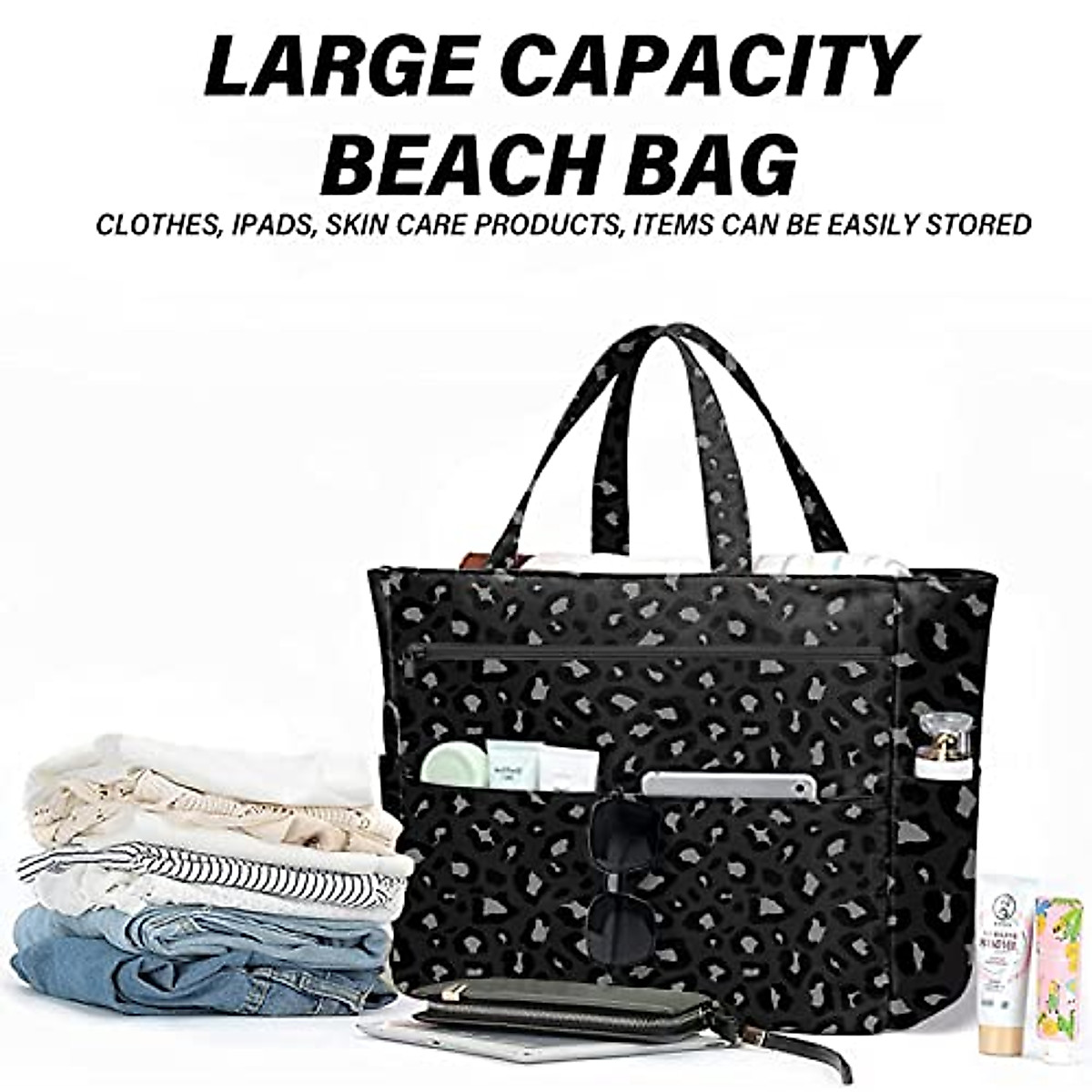 BHAHB Beach Bag Beach Tote Pool Bag Large Waterproof Tote Bag with Wet Pocket,Shoulder Bag with Zipper for Women Girls-Black Leopard Cheetah Pattern