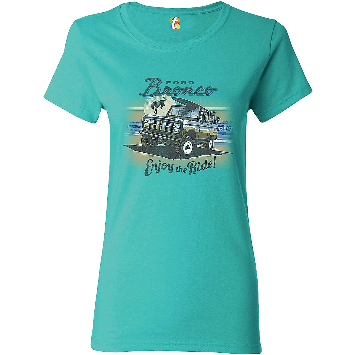 Ford Bronco Women's Novelty T-Shirt Enjoy The Ride Offroad SUV Licensed Tee Light Blue Small