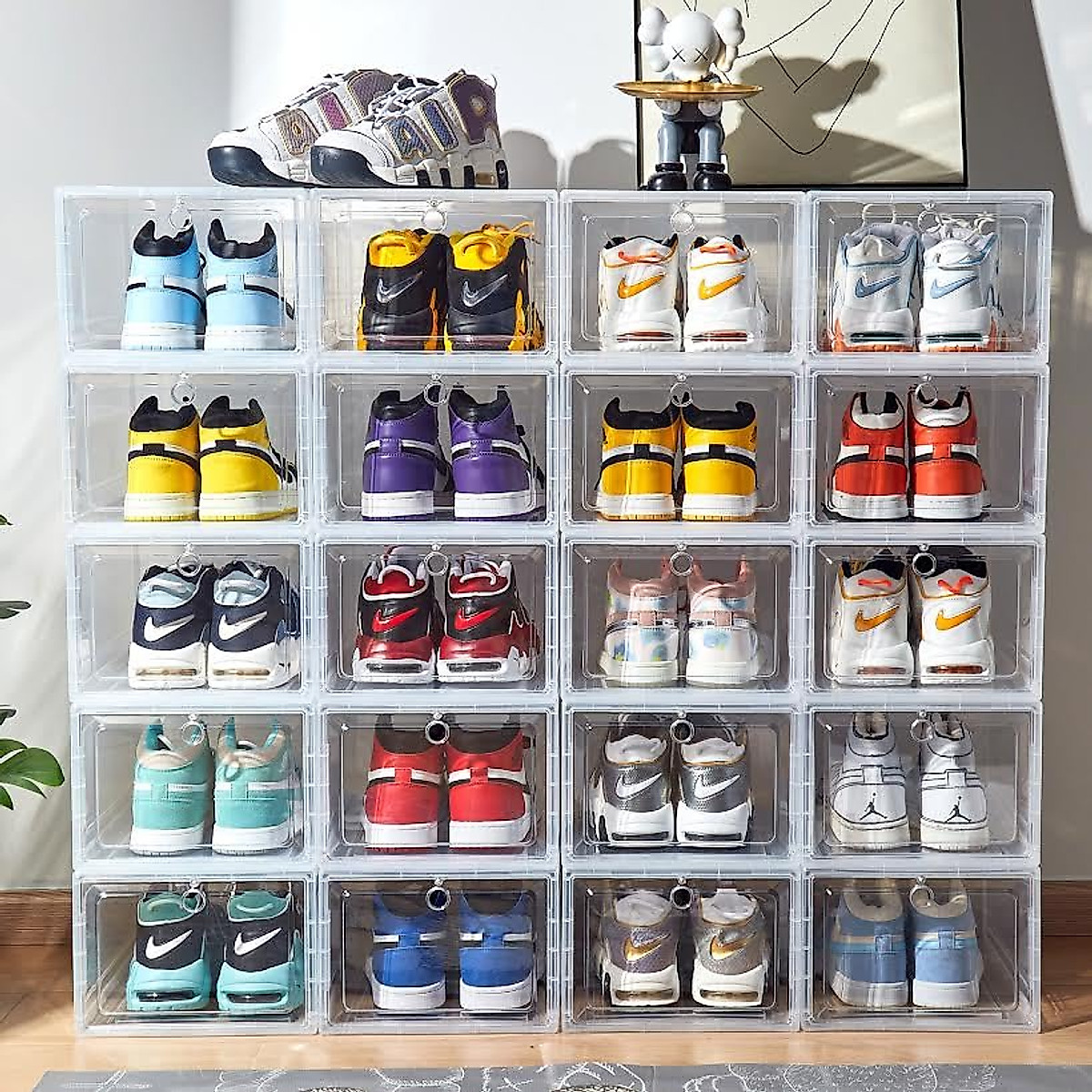 ANIMEWRLDS 6-Pack Clear Shoe Box Containers with Air Ventilation & Magnetic Door | Stackable, Durable, Transparent Storage for Sneakers, Heels, Boots, Bags & Fits up to Maximum Size of US12 (White)