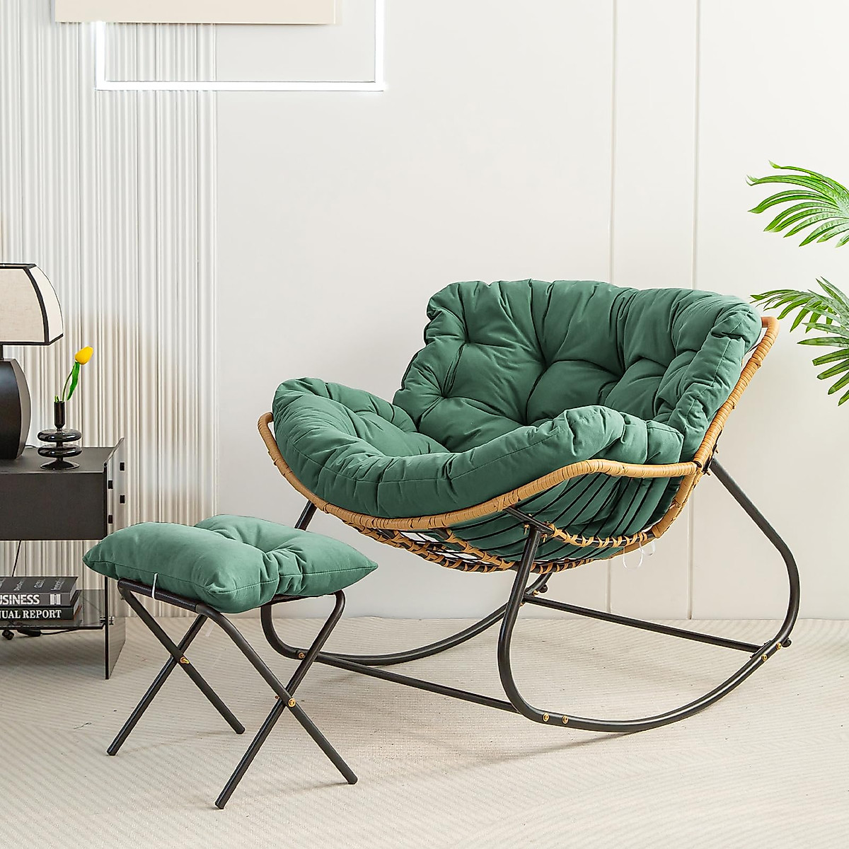 HIGOGOGO Giant Patio Rocking Chair, Indoor Outdoor Egg Freestyle Papasan Chair with Cushion and Frame, Comfortable Leisure Lounge Chair for Living Room, Bedroom, Porch, Garden, Green