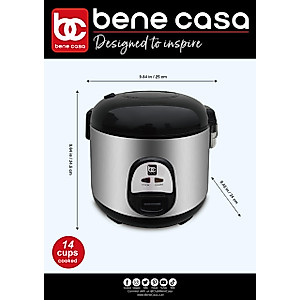 Bene Casa 7 cup stainless-steel thermo rice cooker, stainless steel and black design, cool touch rice cooker, simple operation, dishwasher safe.