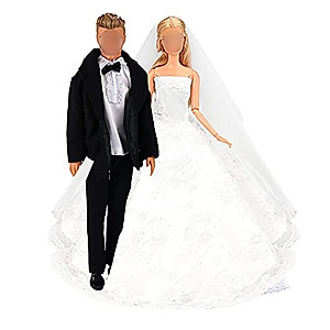 BARWA Wedding Set White Wedding Dress with Veil and Formal Suit Outfit for Boy & Girl Dolls