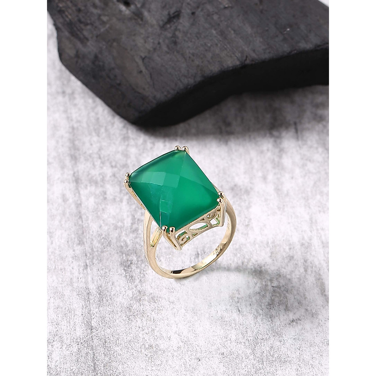 YoTreasure Green Onyx 18kt Gold Over Silver Solitaire Engagement Double Prong Ring For Women