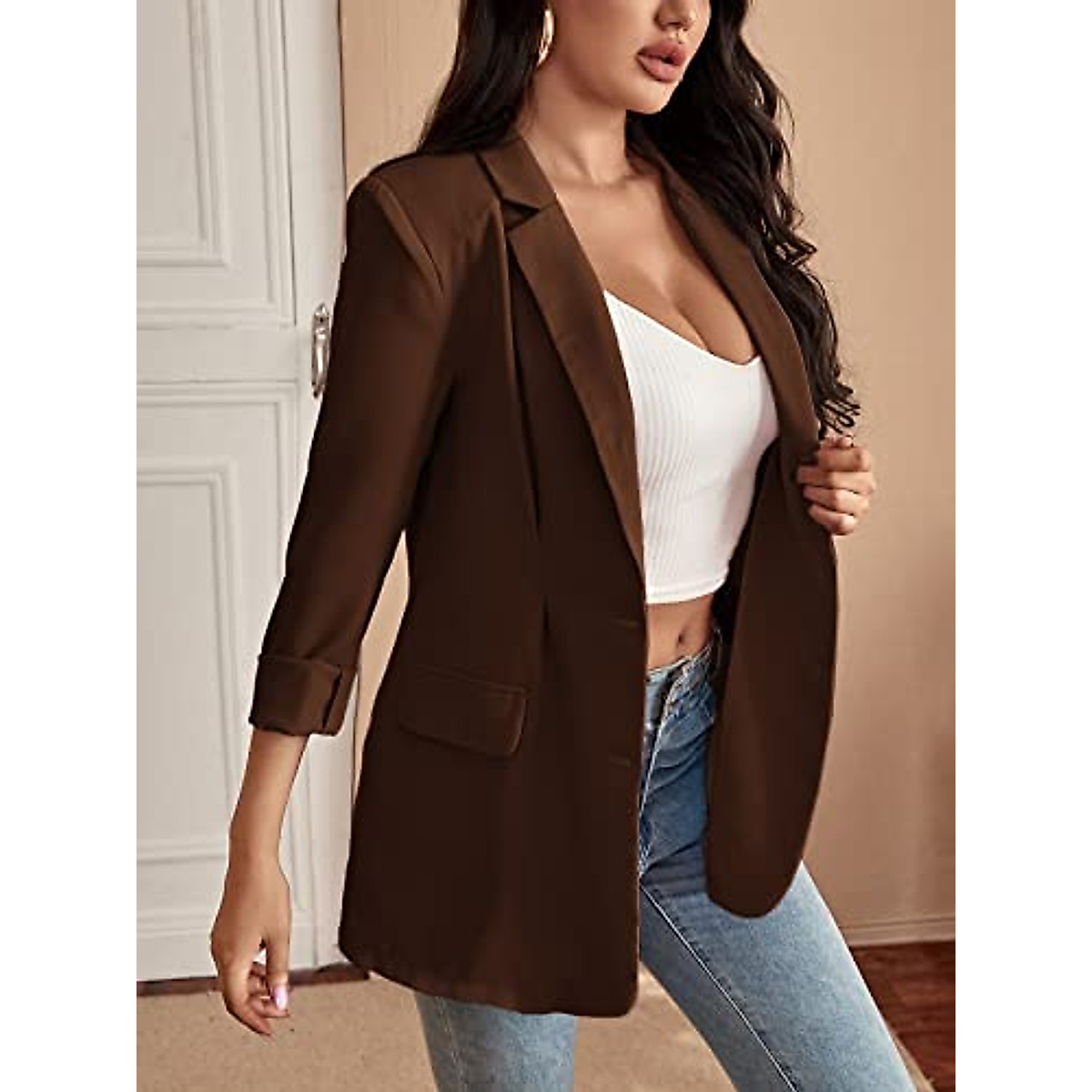Floerns Women's Solid Notched Lapel Long Sleeve Single Breasted Blazer Jacket Chocolate Brown M