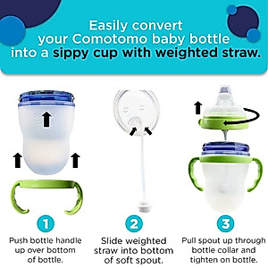 Soft Spout Transition Sippy Cup Kit for Comotomo Baby Bottles | Conversion Kit Fits 5 Ounce and 8 Ounce Bottles | Sippy Cup Baby Bottle Nipple with Weighted Straw and Bottle Handles (2 Pack, Green)