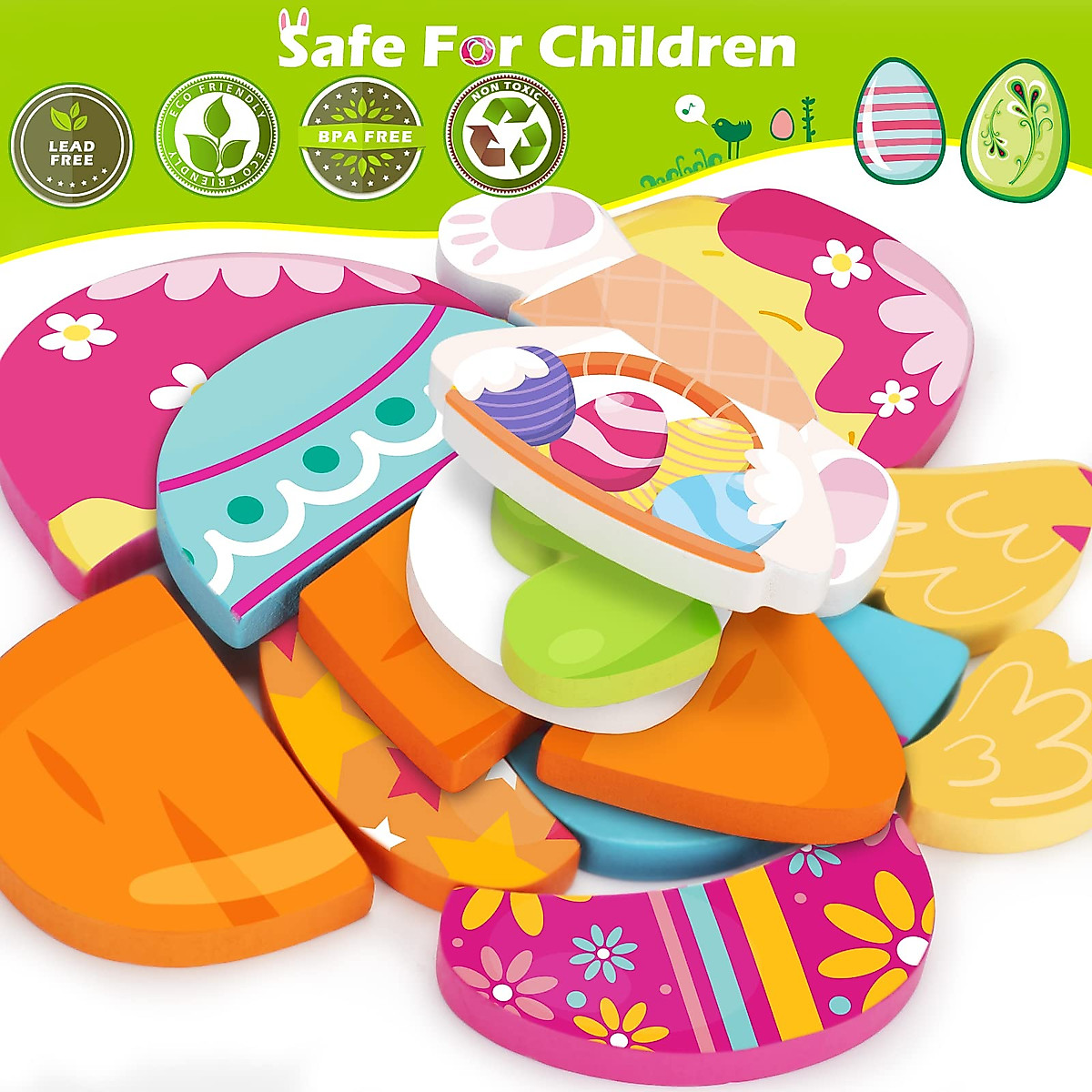 Easter Toys Gifts for Kids Toddlers - 4 Pack Wooden Puzzles with Rabbits, Carrots, Chicks, Eggs Design, Easter Party Favors for Boys Girls, Kids Classroom Exchange Gifts - Educational Preschool Toys