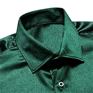 Hi-Tie Men's Dark Green Dress Shirt Long Sleeve Satin Silk Like Regular Fit Solid Turn Down Collar Shirt Casual Prom Daily