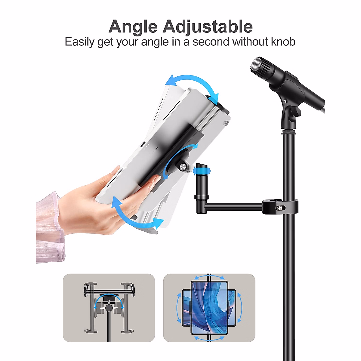 elitehood Newest Aluminum iPad Holder for Mic Stand, Side Mount iPad Music Stand Holder for Microphone, 360° Swivel Tilt Adjustable Mic Stand Tablet Holder for iPad, iPhone and More 4-13in Tablet