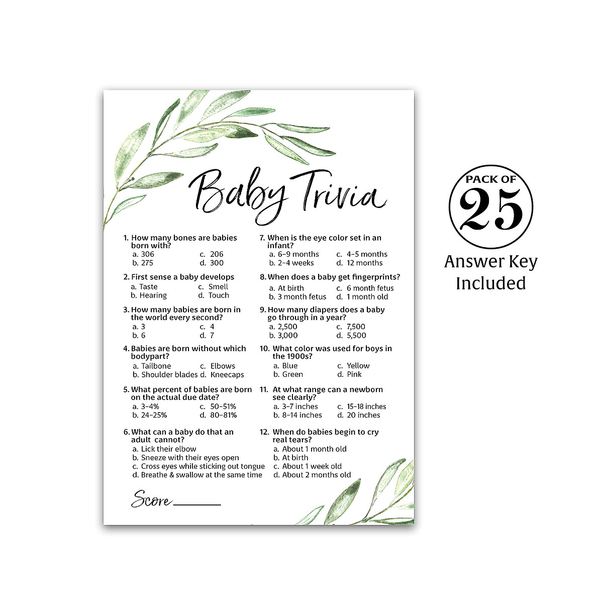 GREENERY Baby Shower Game — BABY TRIVIA Games — Pack of 25 — Fun Baby Facts Games, Floral, Green, Olive Branch Baby Shower Activity, Rustic Gender Neutral Baby Shower Games, G320-TRV