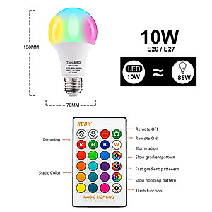 ThinkMRO RGB RGBW 10W A19 E26 E27 Multiple Colors Changing Light Bulbs with Remote,LED Lamp Replace Bulb,Warm White,Dimmable Memory Function,Ideal Lighting for Home Decoration,Party,Gardens,Corridors