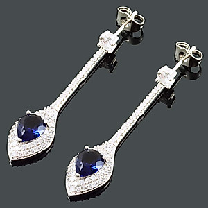 RIZILIA Dangle Drop Pierced Earrings with Pear Cut CZ [Simulated Blue Sapphire] in White Gold Plated, Simple Modern Elegant