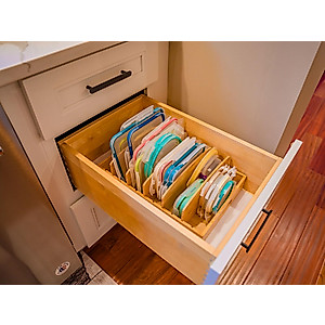 Umilife Large Food Container Lids Organizer for Kitchen Cabinet and Drawer, Bamboo Organizer with 5 Tall Adjustable Dividers, Plastic Lids Organization and Storage