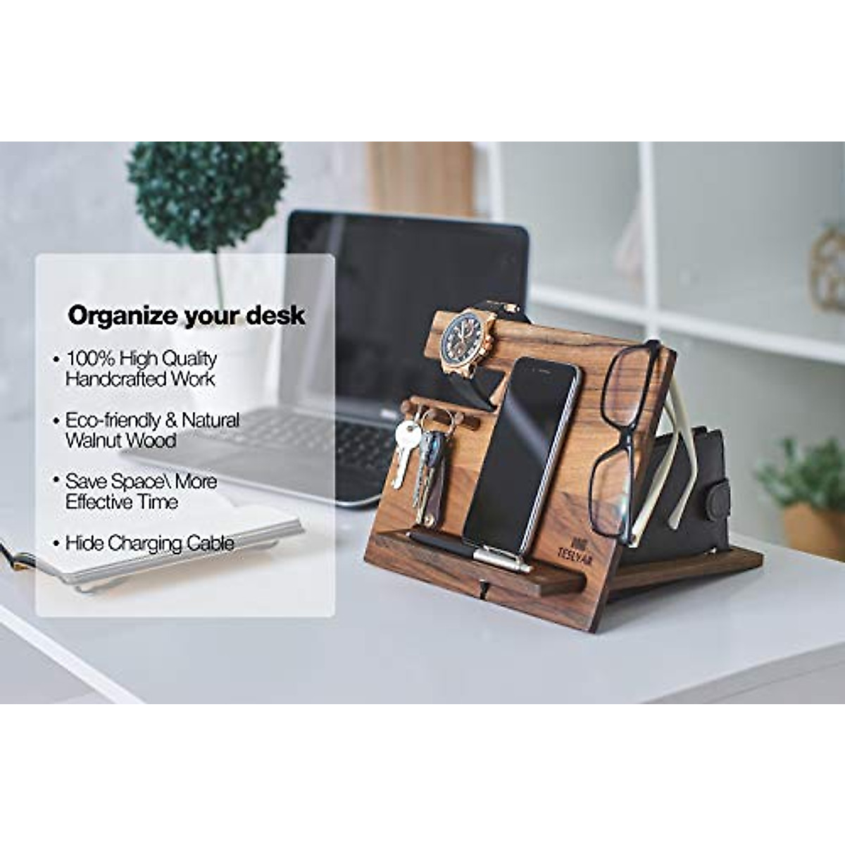 TESLYAR Natural Walnut Wood Phone Docking Station Hooks Key Holder Wallet Stand Watch Organizer Men Husband Anniversary Birthday Nightstand Purse Father Graduation Male Idea Gadgets Solid