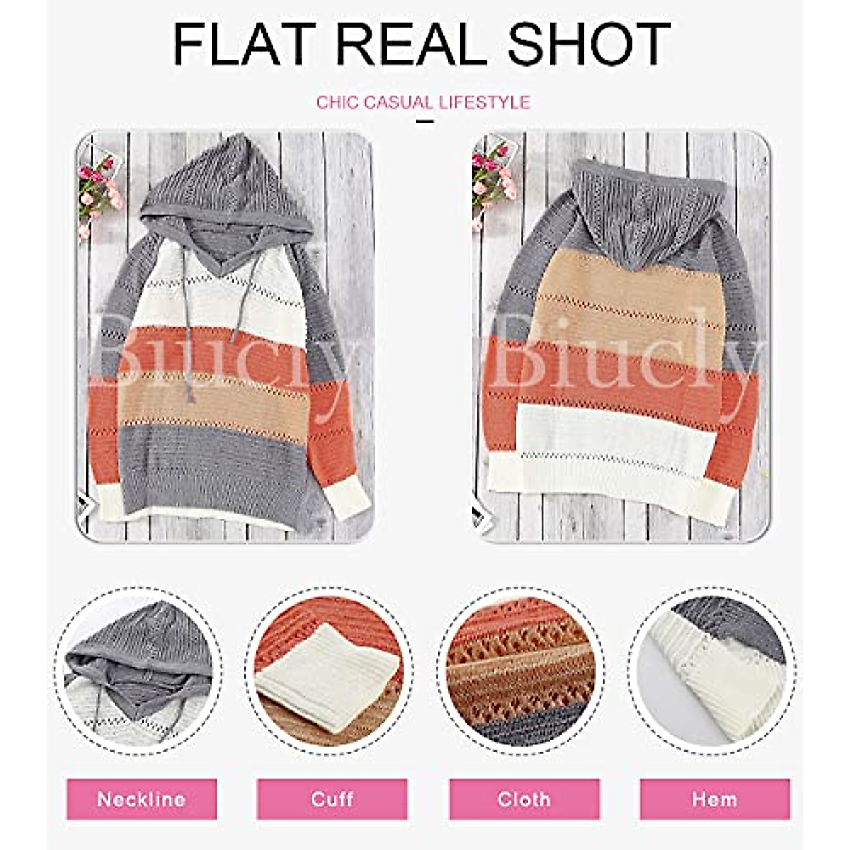 Biucly Womens Color Block Striped Hooded Sweater Long Sleeve V Neck Drawstring Pullover Tops Hoodies Sweatshirts Plus Size Sweaters 2022,US 16-18(XL),Grey