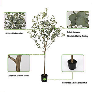 Erlandens 6FT Artificial Eucalyptus Tree 71in Modern Fake Plant Silk Faux Eucalyptus Silver Dollar Leaves in Pot for Outdoor Indoor Office Housewares Living Room Wedding Decor