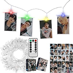 eTel Like Stray Kids Merch 4 Colors LED Clip Light with Big Photocards, Remote Control 10Ft 20LED and 30Pcs 3.1‘’x 4.7‘’ Lomo Card, Home Room Decoration for Gifts