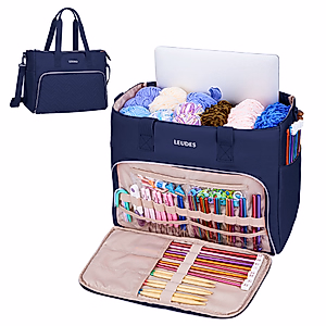 Crochet Tote Bag,Leudes Knitting Bag Fits 15.6 Inch Laptop Yarn Storage Organizer Large Yarn Holder Hook Case for Knitting & Crochet Supplies (Navy Blue)