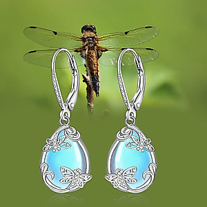 Dragonfly Moonstone Earrings for Women Filigree Earrings Teardrop Lever Back S925 Sterling Silver Moonstone Jewelry