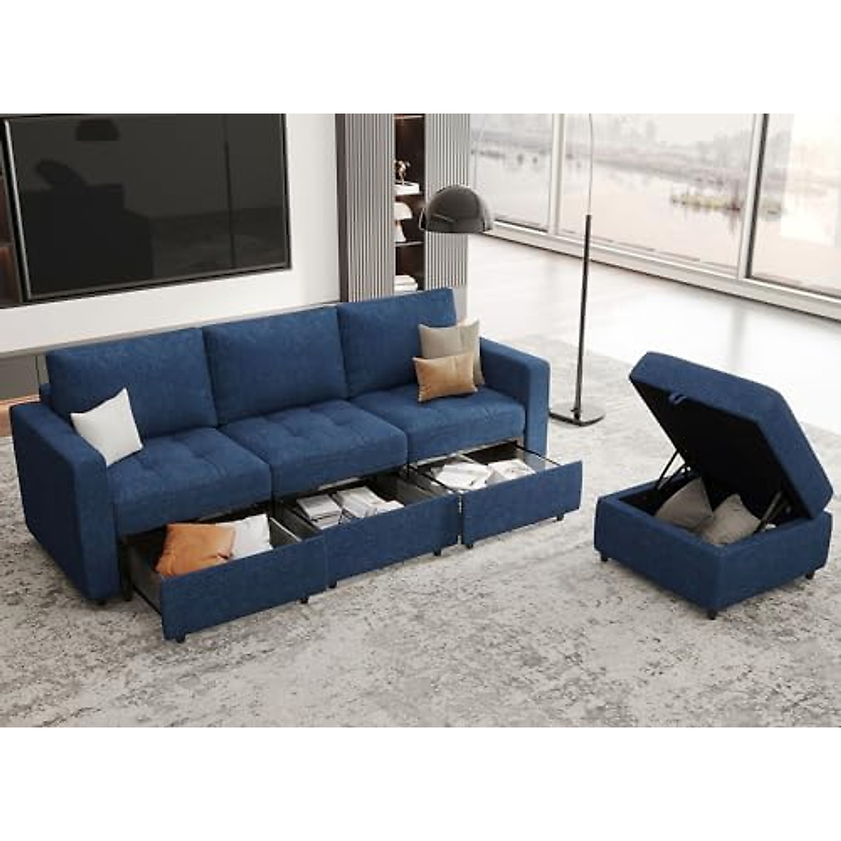 Belffin Modern Fabric Convertible Modular Sectional Sofa Couch with Reversible Chaise and Storage Seats 3 Seater Sofa Sectionals L Shaped Couch Set with Ottoman for Small Space Blue