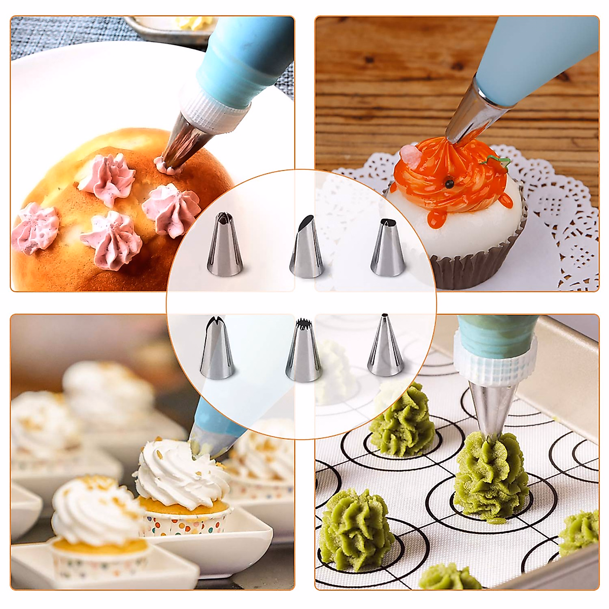 Macaron Silicone Baking Mats, Jsdoin Reusable Nonstick Macaron Parchment Paper, Baking Supplies Set, Include 2 Sheet Macaron Parchment Paper(16"x11.8"), 12 Piping Tip, 2 Piping Bag and 2 Bag Tie