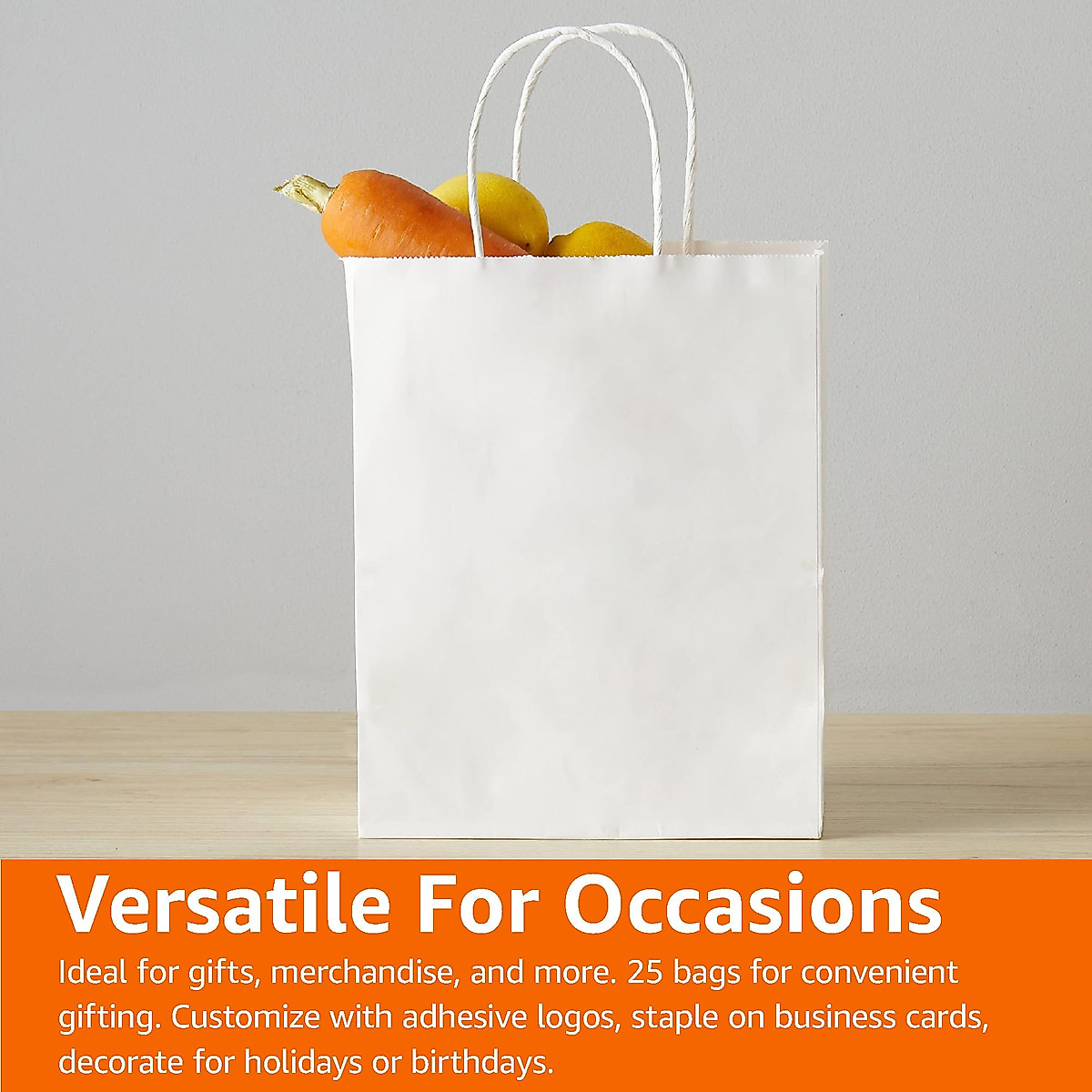 Amazon Basics Kraft Paper Bags with Handles 8x4.75x10 White, 25pack