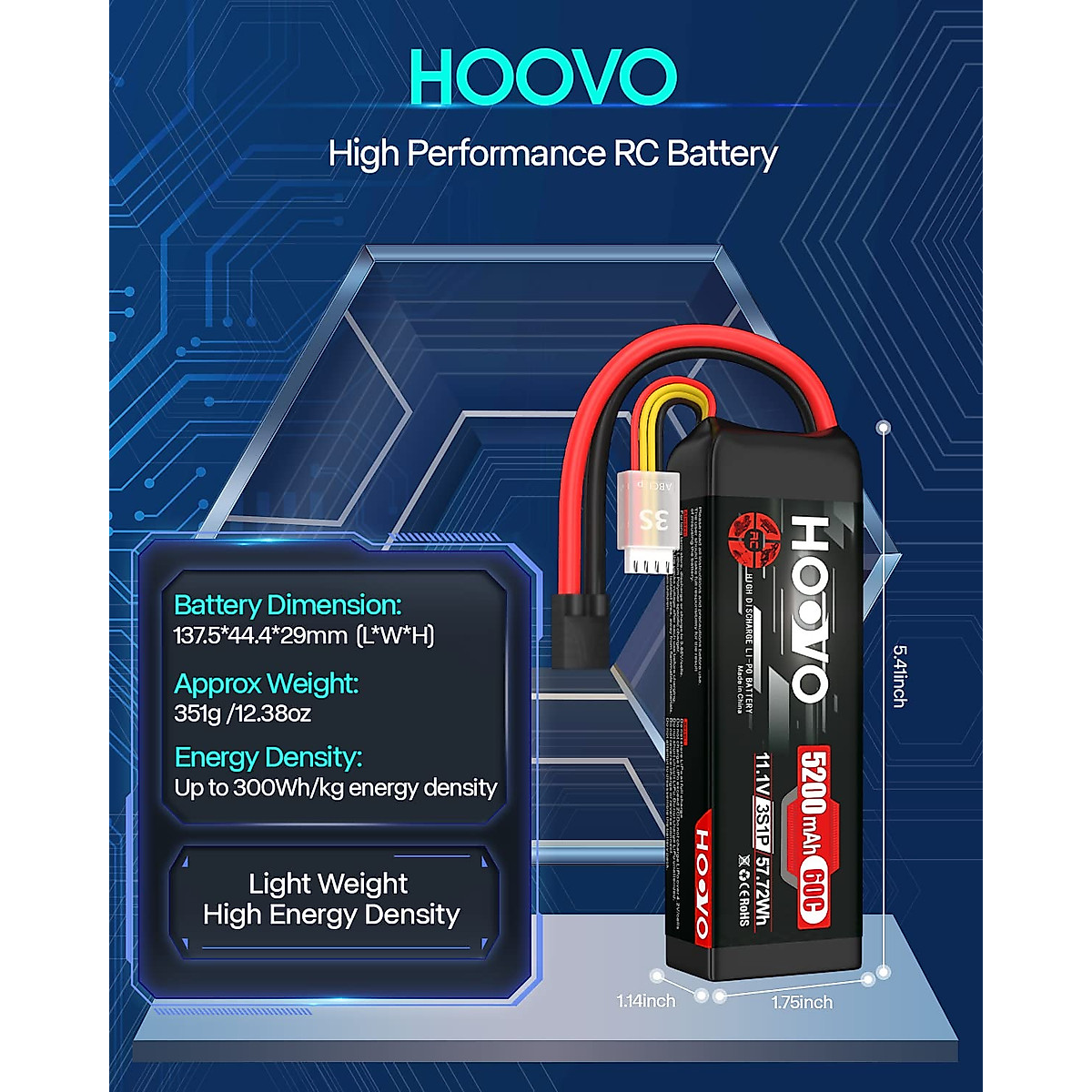HOOVO 11.1V 3S LiPo Battery 5200mAh 60C with Tr Plug for RC Car RC Truck Airplane Helicopter Boat Car Racing RC Hobby, 2 Packs